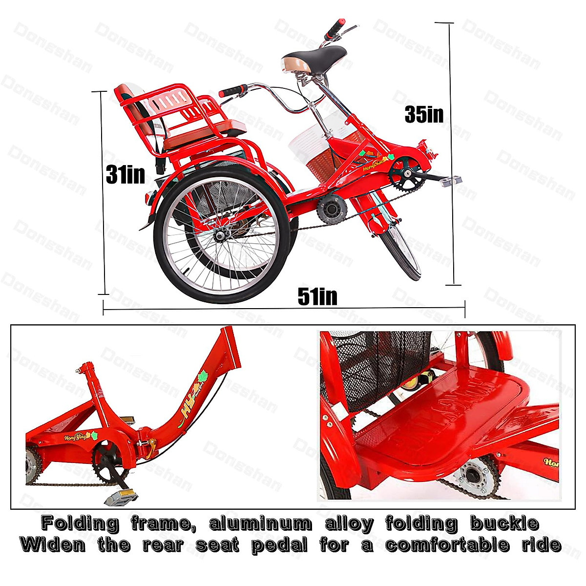 DONGSHAN Tricycle Adult 20'' 3-Wheel Bicycle Folding Bikes Comfortable seat, Rear Enlarged Food Basket Shock-Absorbing Front Fork for Parents to Pick up and Drop Off Children Load 440lbs (Black)