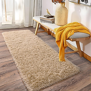 Ailyei Soft Runner Rugs for Bedroom Hallways, 2x6 Beige Fluffy Shag Throw Area Rug Non Slip for Bedside Dorm, Long Shaggy Furry Carpet for Nursery Living Room