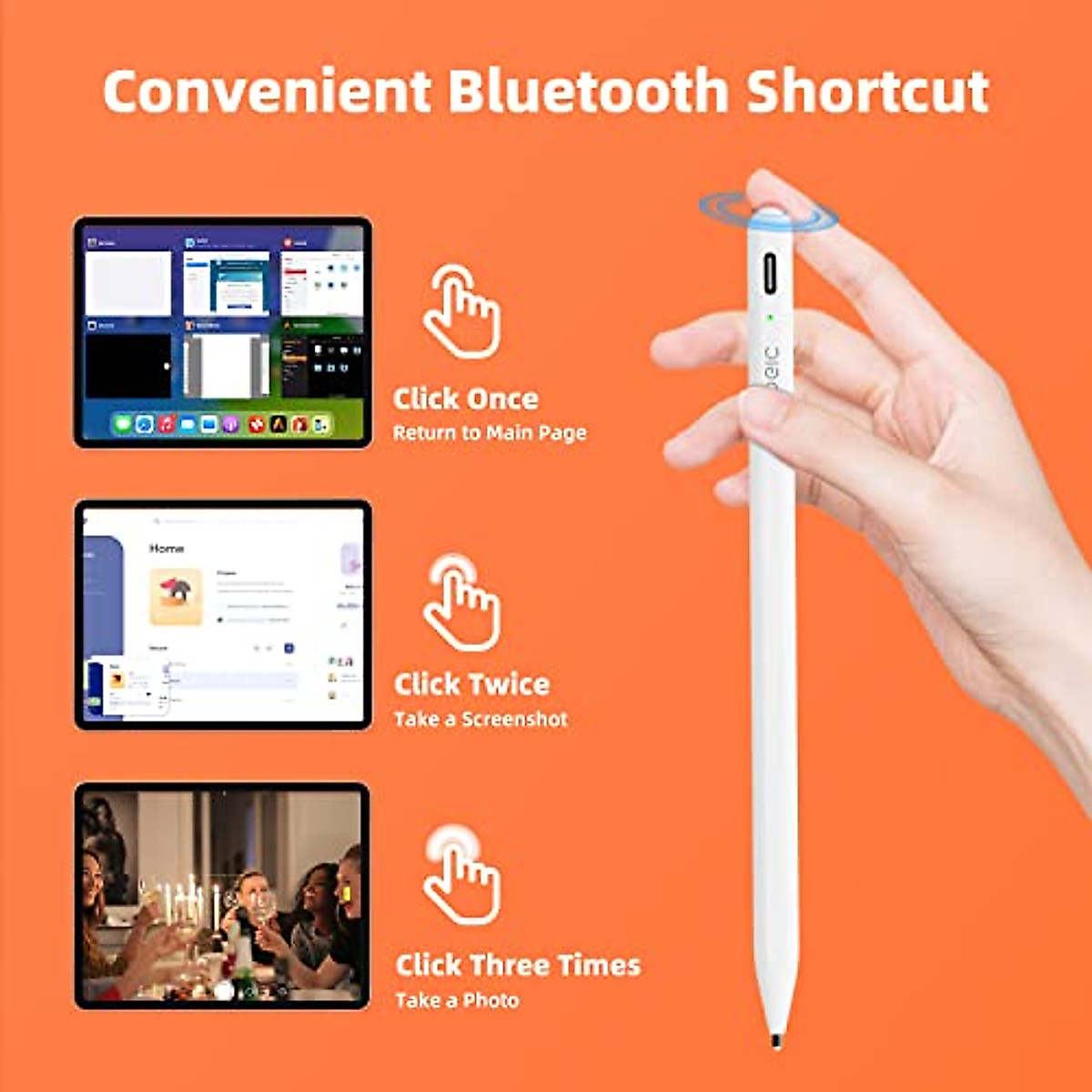Uogic Stylus for iPad, iPad Pen with Bluetooth Shortcut, Battery Level Display, Palm Rejection, iPad Pencil Compatible with iPad Pro 11/12.9" 2018-2022, iPad 6/7/8/9, iPad Mini 5/6, iPad Air 3/4/5