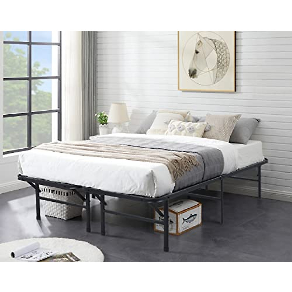 BIQWBIC Folding King Bed Frame, 14 Inch Metal Platform Bed Frame King Size Mattress Foundation, No Box Spring Needed King Size Bed Frame with Storage, Steel Slat Noise-Free, 5 Minute Assembly, Black