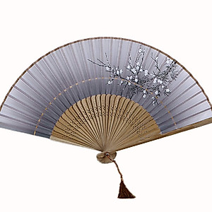 FKJLUN Handmade Folding Fan Women's Folding Fan Summer Japanese Cherry Blossom Fan Antique Wind Fan Silk Cloth Fan Peony Fan Plum Distribution Fan Sleeve Handheld Fan (Color : Beige)