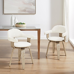 Art Leon Desk Chair No Wheels, Mid Century Modern Swivel Accent Chair, Boucle Fabric Upholstered Home Office Chair with Wood Legs for Living Room Bedroom, White