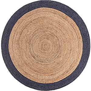 Jaipur Handloom Natural Jute Round Rug with Navy Blue Border Hand Braided Jute Area Rug for Bedroom, Living Room, Dining Room, Hallway, Kitchen, Entryway (5 Feet Round Jute Rug (60 x 60 Inches))