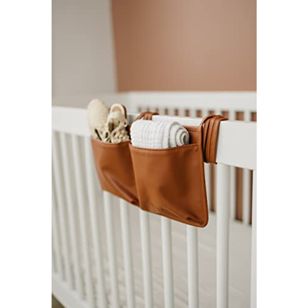 Lu & Ken Baby Nursery Crib Organizer - Vegan Leather Hanging Diaper Organizer for Crib - 13.5 x 7.5 Inch Nursery Storage Bedside Crib – Water and Stain Resistant