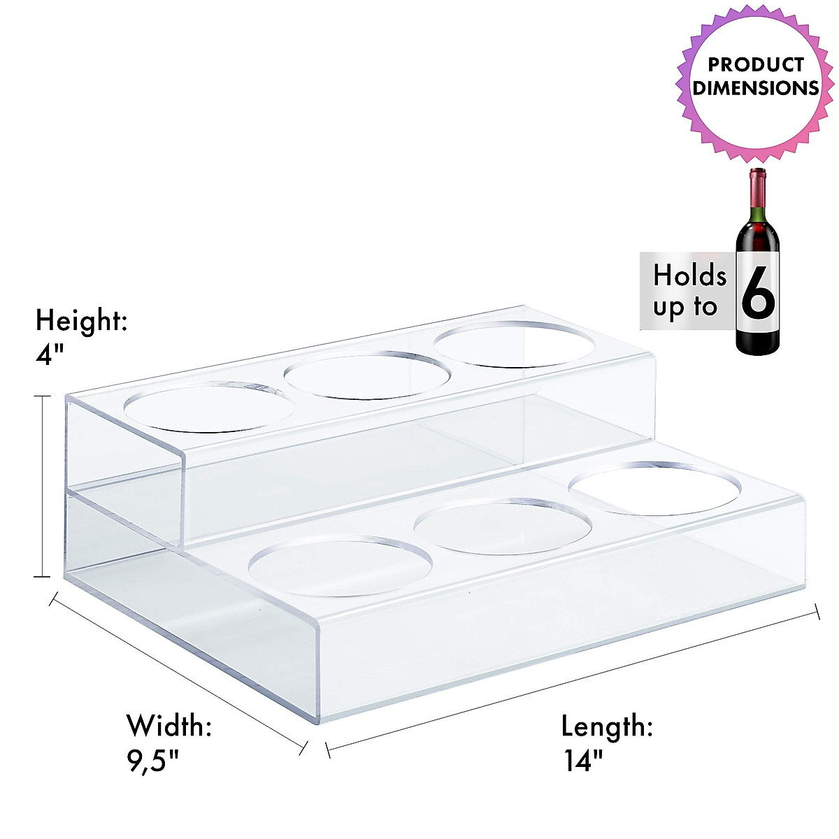 Acrylic Bottle Holder | Wine Display Riser | 6 Bottles, 2 Tier Rack | Bar Counter-Top Display Stand | Wine Rack Holder for Kitchen, Pantry, Fridge | Storage Organizer for Wine, Soda, Syrups and Beer