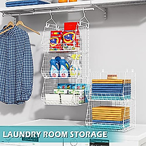 5 Tier Closet Hanging Organizer, Clothes Hanging Shelves with 4 Hanging Hooks 5 S Hooks, Wire Storage Basket Bins, for Clothing Sweaters Shoes Handbags Clutches Accessories Patent Design-White