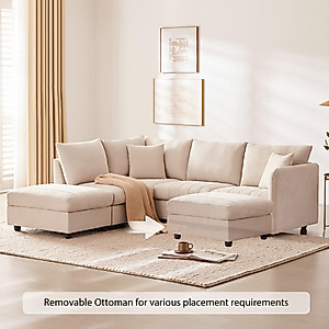 BOSTANA Convertible Sectional Sofa Couch,2 Pillows,5-Seat Couch with Convertible Ottoman,Various Combinations,L-Shape Indoor Furniture for Living Room,Apartment,Office（Beige）
