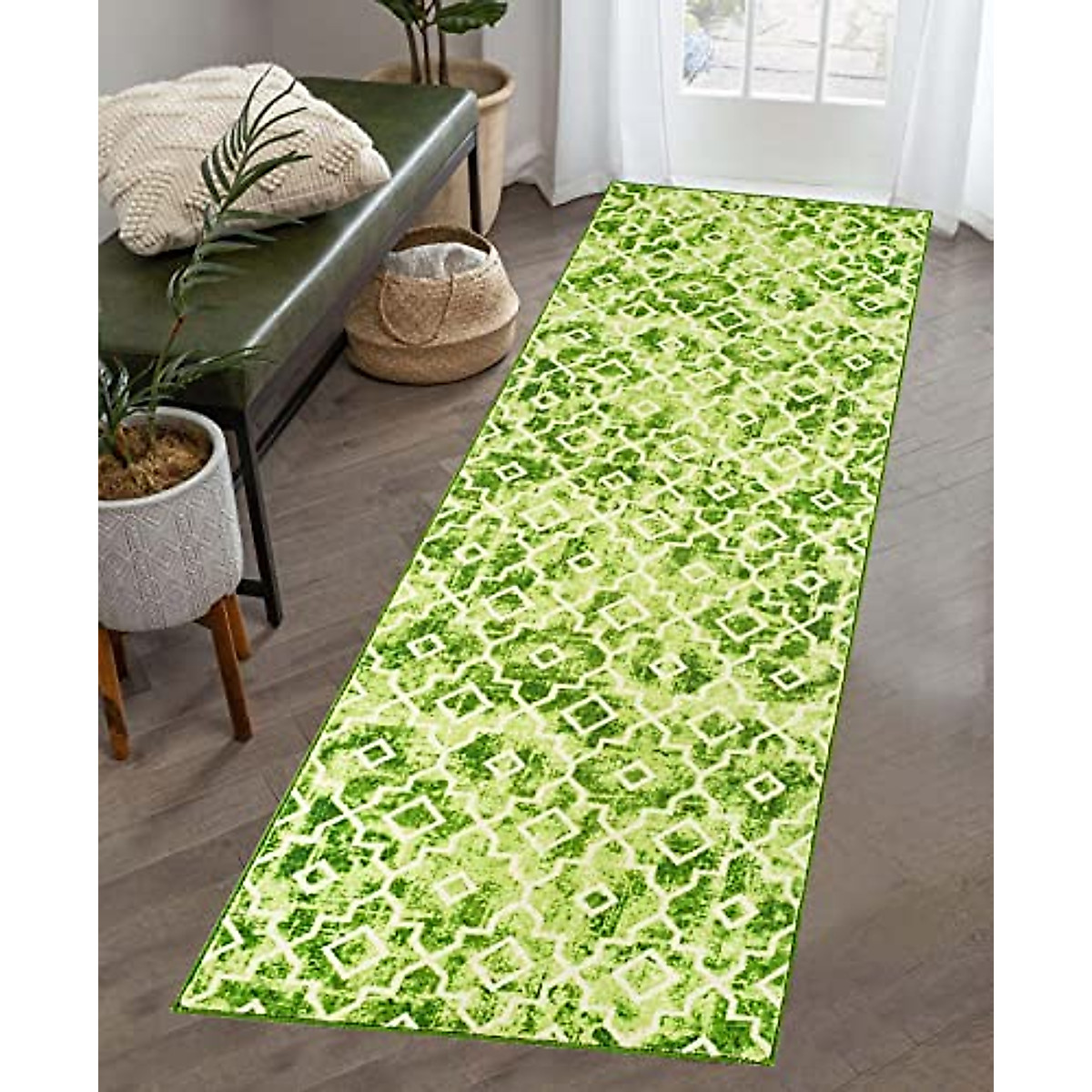 Moroccan Runner Rug,2'X 6' Distressed Washable Area Rug Green Non-Slip Kitchen Mat Faux Wool Low-Pile Floor Carpet for Kitchen Laundry Bedroom Bathroom Living Room