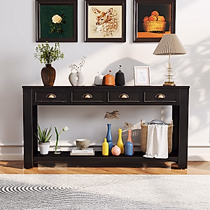 HLXZN Console Table for Entryway, 60 Inch Sofa Table Narrow Long Hallway Table Entryway Table w/4 Drawers and Bottom Shelf for Living Room Entryway Home, Black