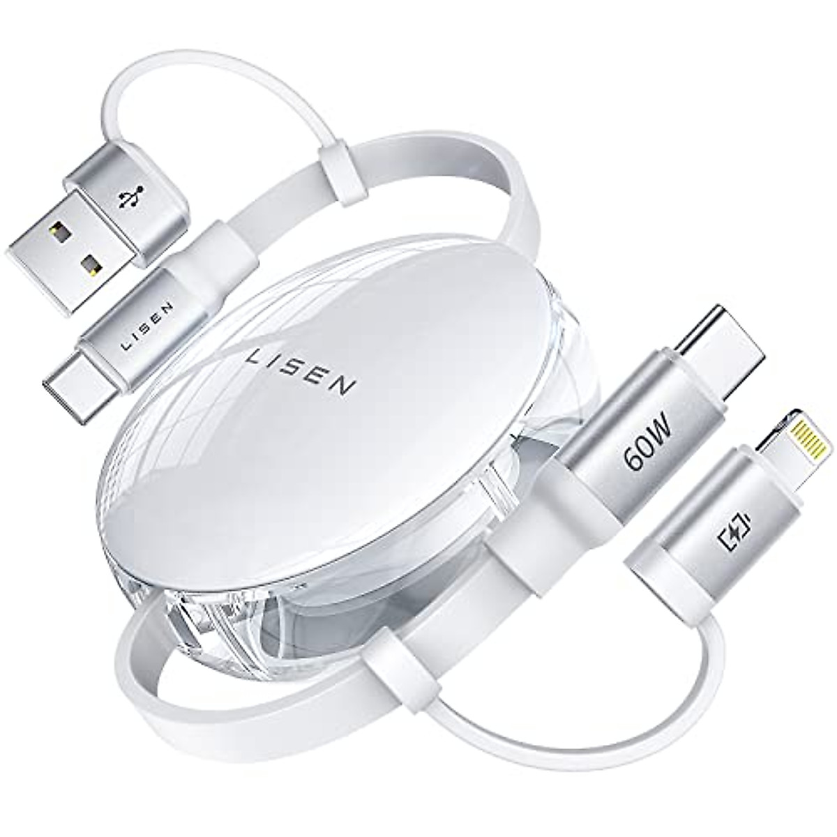LISEN 4 in 1 Multi Charging Cable [Carry Anywhere] [Fast Charge All Devices] 60W PD USB C Charging Cable Retractable iPhone Charger Multiple Cord for Samsung Galaxy S23+/iPhone 14/Laptop/iPad(3.3FT)