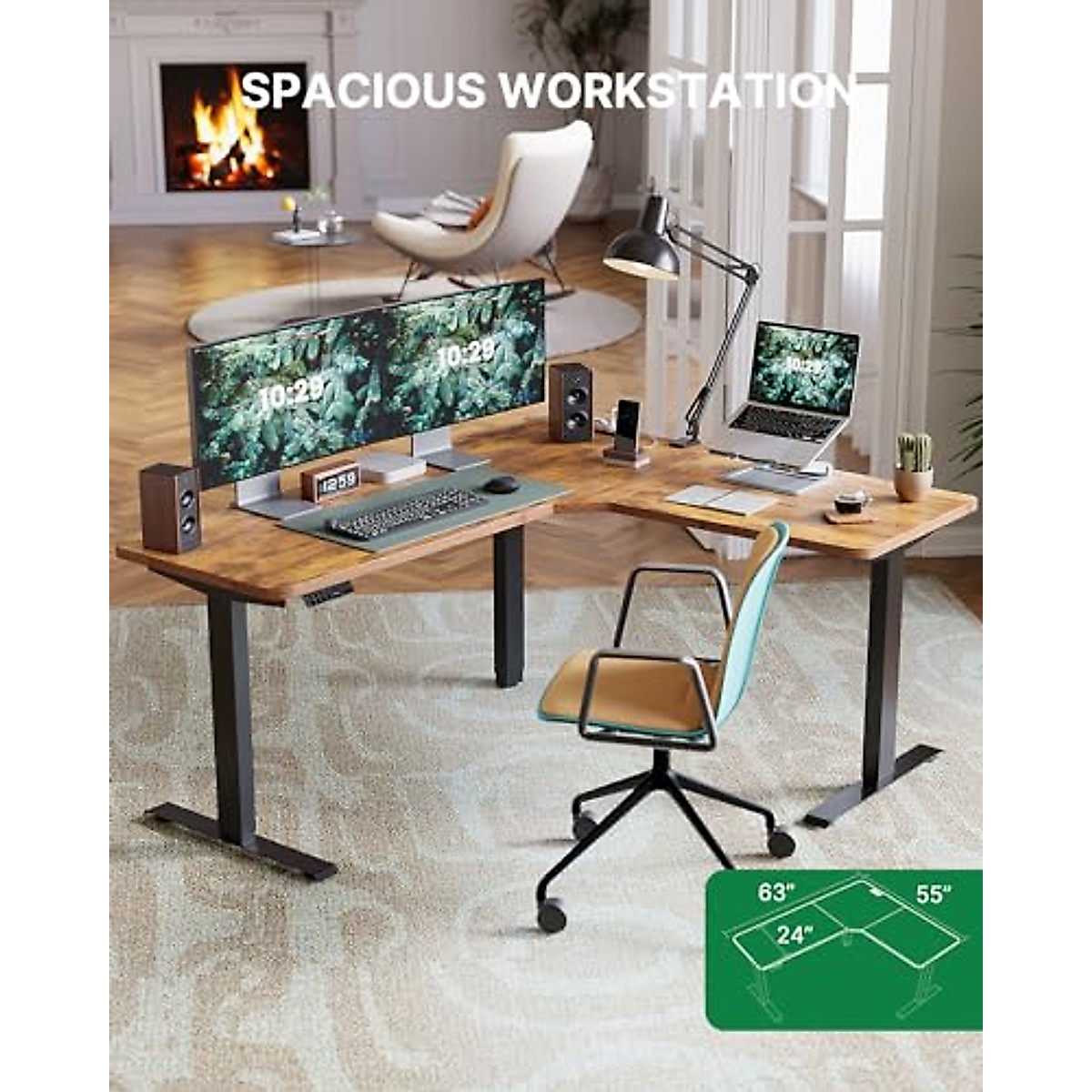 Marsail Corner Stand Up Desk Adjustable Height with 4-in 1 Electical Outlet, L Shaped Electric Standing Desk with Headphone Hook, Stand up Desk for Home Office Sturdy Writing Workstation Rustic
