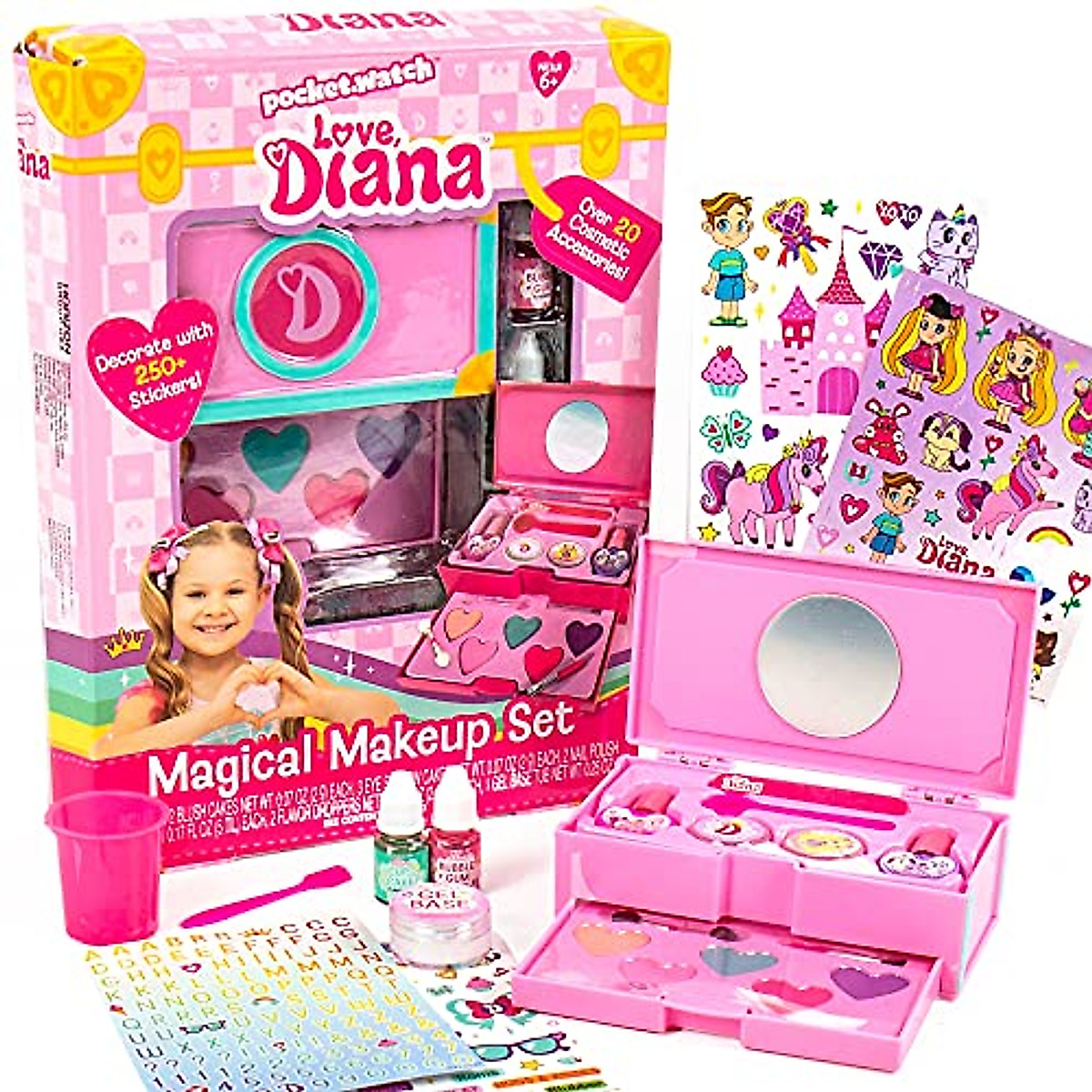 Love, Diana Magical Make-Up Set by Horizon Group USA, Play Dress Up Makeup, Create DIY Lip Balms, Includes Over 20 Cosmetic Accessories, 250+ Stickers, Reusable Makeup Case & More, Multi