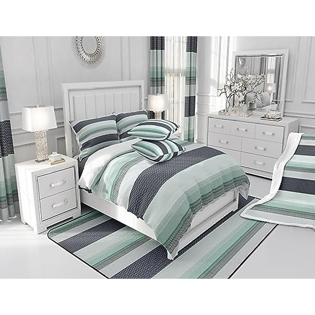 Green White Grey Stripes Bed Sheets Set Twin Size Geometry Geometric Sheet Set for Kids Patchwork Striped Sheets with Deep Pocket Fitted Sheet Women Men Teens Ultra Soft Modern Art Bedding Set