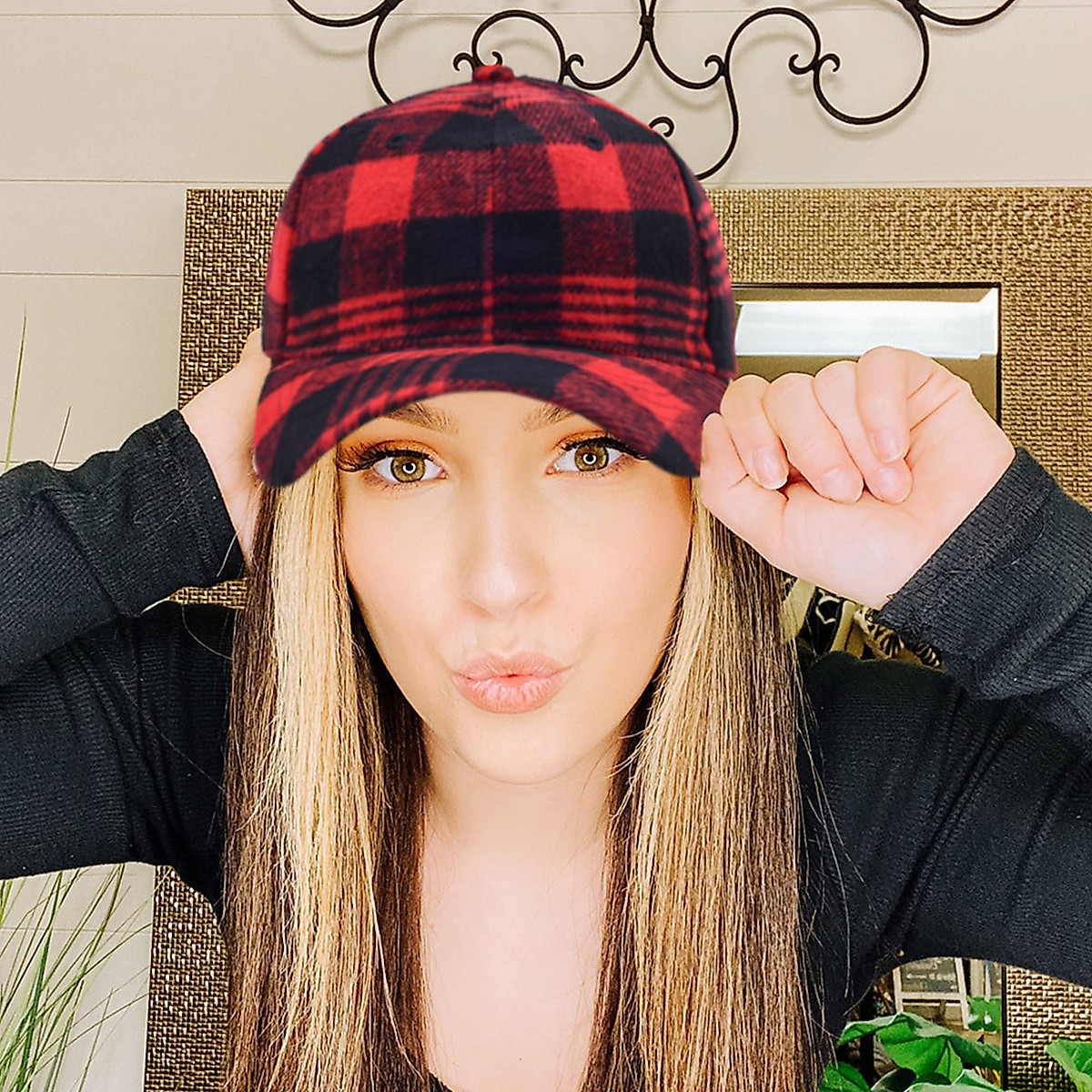 Womens Buffalo-Check Ball-Cap Red-Black-Plaid Baseball-Hat (Red/Balck Plaid, Medium)