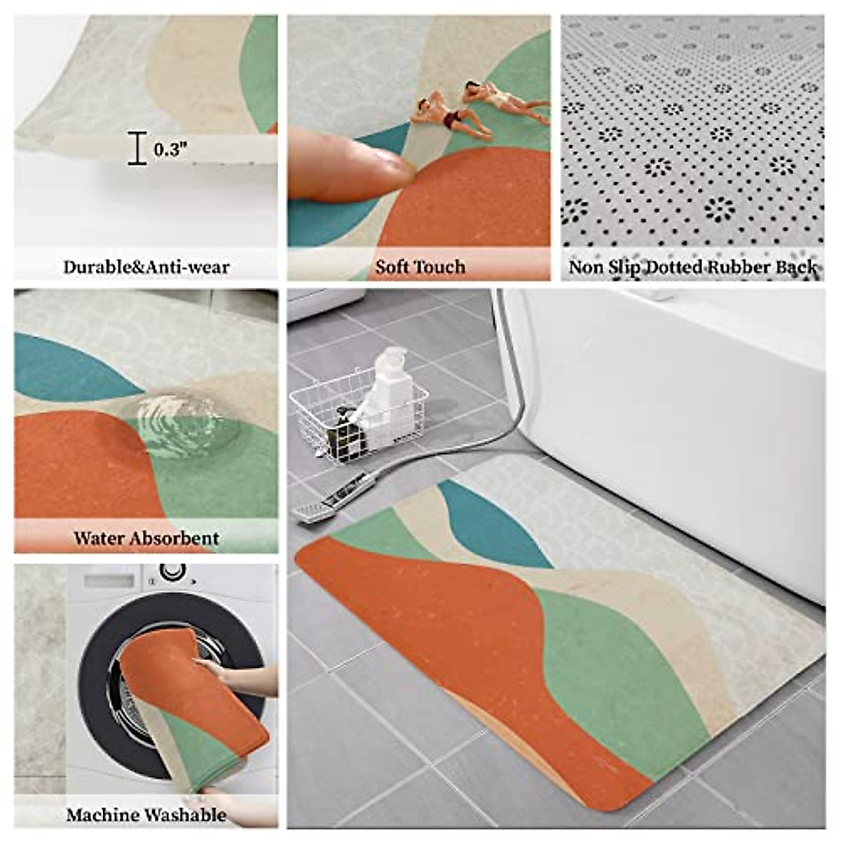 2 Pieces Kitchen Rugs Set Mid Century Modern Boho Orange Geometric Area Rug,Absorbent Bath Mats Soft Doormat Anti Fatigue Floor Mat Minimalist Retro Abstract Art,Non-Slip Cushion Standing Mats