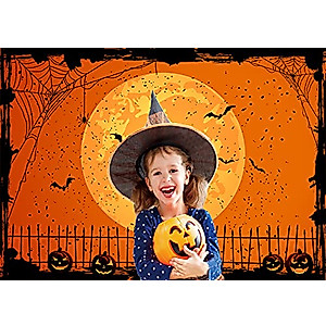 CYLYH 7x5ft Happy Halloween Orange Backdrop Halloween Eve BackdropHalloween Party Lantern Moon Bat Spider Web Graveyard Fence Photography Background Party Decorations