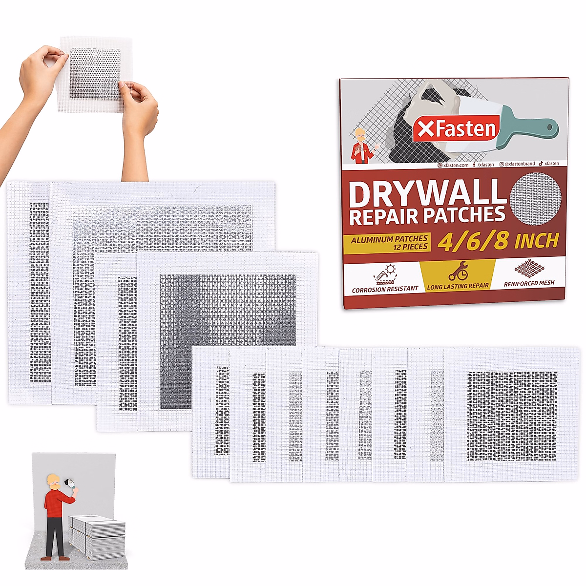 XFasten Drywall Repair Kit 12-Pack 4/6/8 Inch Aluminum Dry Wall Repair Patch Kit, Wall Patch Kit for Holes Drywall, Sheetrock Repair Kit, Ceiling Mesh Self-Adhesive Drywall Hole Repair Kit