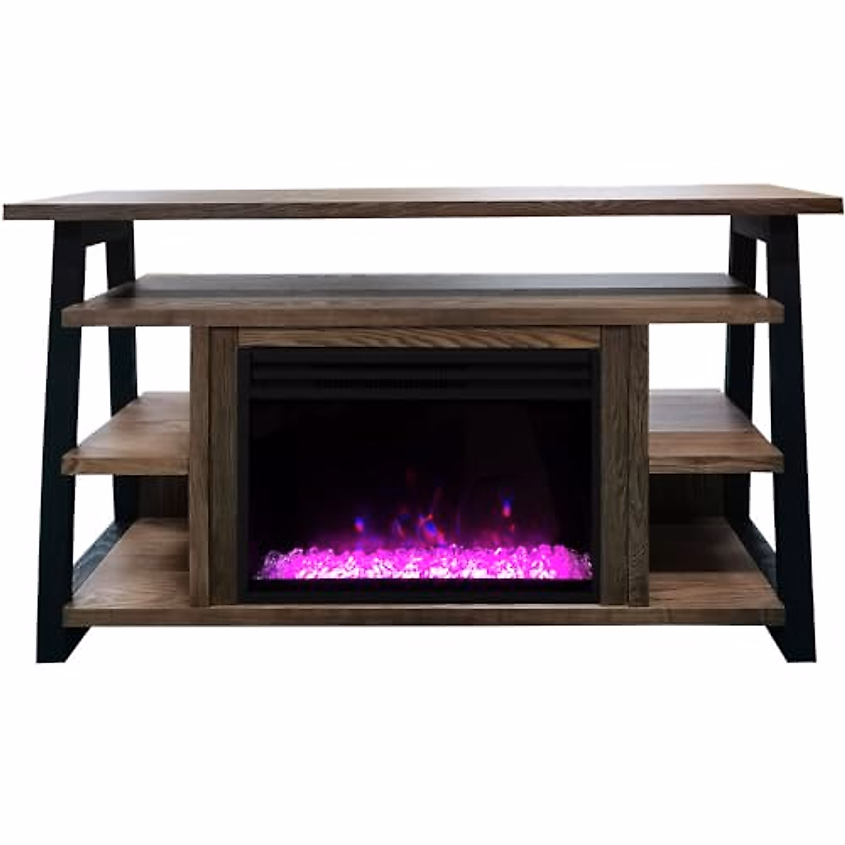 Cambridge Sawyer 53 Inch Freestanding Fireplace Mantel TV Stand with Storage Shelves and 1500 Watt Electric Heater Insert with Crystal Display, Multicolor Flames, Remote Control in Walnut/Black