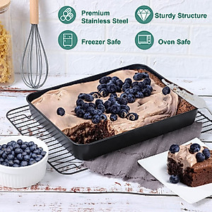 LIANYU 2 Pack Stainless Steel Baking Pan with Lid, 12⅖ x 9¾ x 2 Inch Lasagna Rectangle Cake Pan, Black Nonstick Bakeware for Brownie Bread Chicken, Stackable, Oven Safe