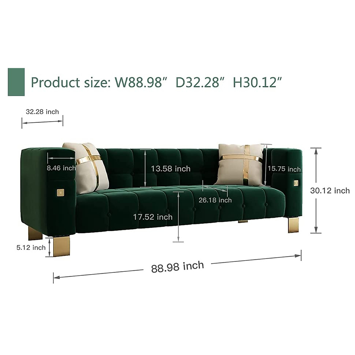 MoLiFaning 89" Modern Chesterfield Velvet Sofas Mid Century Modern Button Tufted Velvet Couches with 2 Pillows and Gold Legs,for Living Room Apartment Bedroom Office (89" Green)