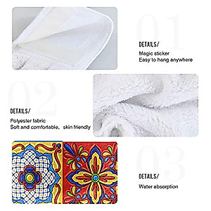 Qilmy Mexican Talavera Ceramic Tile Kitchen Towels, 2PCS Super Soft Absorbent Hanging Hang Towels or Dishcloths, Bathroom Hand Towels 12x17Inches