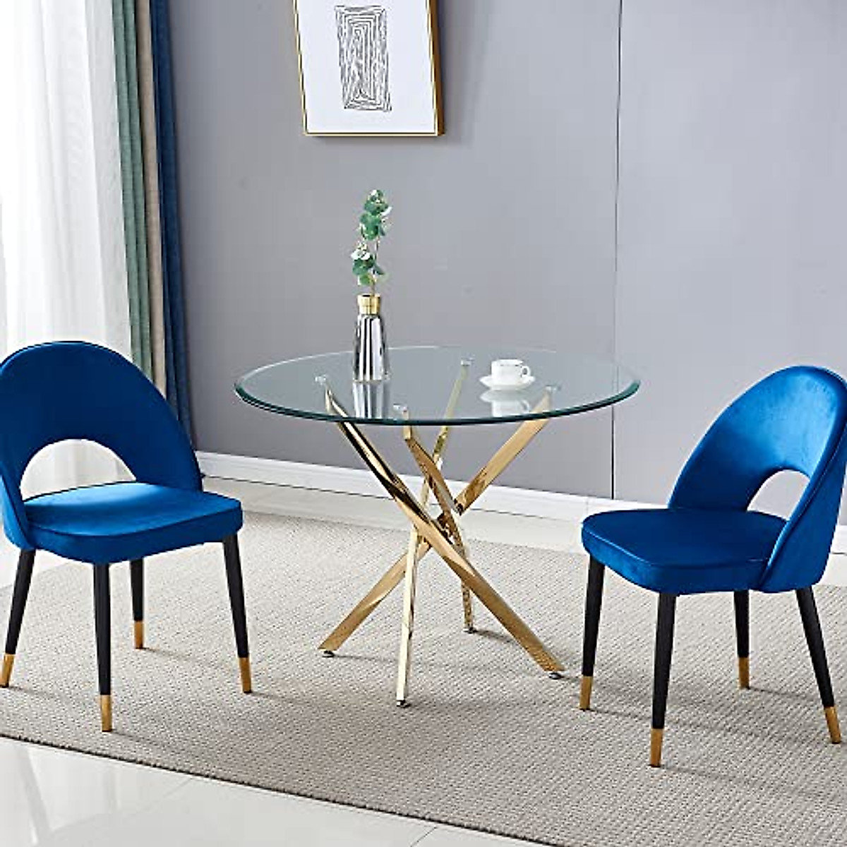 Henf Modern Glass Round Top Dining Table with Gold Metal Legs, Contemporary Circle Tempered Glass Dining Table with Stainless Steel Base for Home Office Kitchen Dining Room (Table Only)