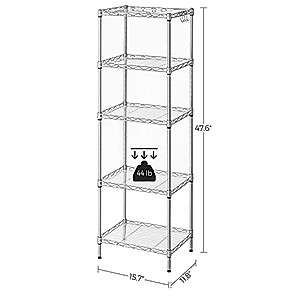 SONGMICS 5-Tier Storage Shelves, Wire Shelving Unit, Kitchen Metal Shelves, Storage Rack with Adjustable Shelves, Shelf Liners, 8 Hooks, for Garage, 11.8 x 15.7 x 47.6 Inches, Silver ULGR115E01