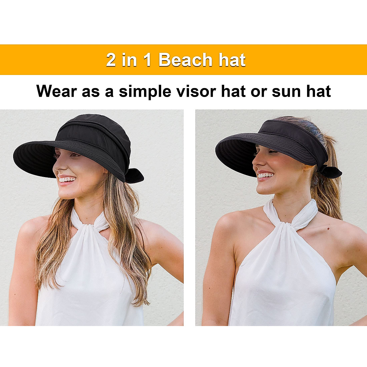 Verabella Womens Beach Hat Summer 𝗟𝗶𝗴𝗵𝘁𝘄𝗲𝗶𝗴𝗵𝘁 𝗦𝘂𝗻 𝗵𝗮𝘁 for Hiking Sun Protection 2 in 1 Visor Sun Protection Hat (Black)