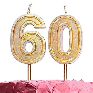 GET FRESH Number 60 Birthday Candle – Gold Number Sixty Candles on Sticks – Number Candles for Birthday Anniversary Wedding Party – Perfect 60 th Birthday Candles for Cake Decoration – Gold 60 Candles