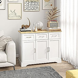 HOMCOM Sideboard Buffet Cabinet with 3 Storage Drawers, Kitchen Cabinet Coffee Bar Cabinet with Adjustable Shelf for Living Room, White