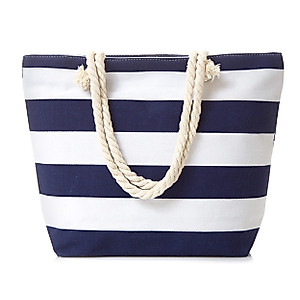 Leisureland Canvas Tote Beach Bag, Rope Handle Water Resistant Shoulder Bag (Stripe Navy Blue)