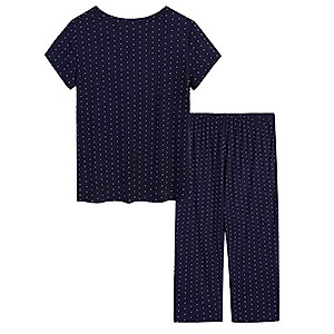 Joyaria Ladies Bamboo Pajamas Summer Cooling Ultra Soft Short Sleeve Capri PJs Set Sleepwear Petite (Navy Polka Dot, Small)
