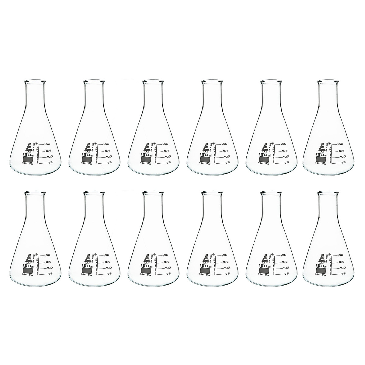 12PK Erlenmeyer Flasks, 150ml - Borosilicate Glass - White Graduations - Narrow Neck - Pack of 10 Flasks - Eisco Labs