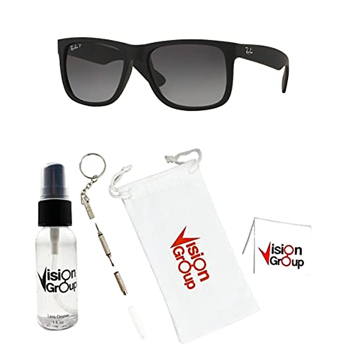 Ray-Ban RB4165 Justin Sunglasses + Vision Group Accessories Bundle (Rubber Black/Light Grey Gradient Grey Polarized (622/T3),55) unisex-adult