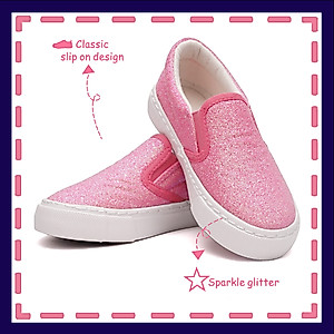 Toandon Little Girls Kids Sneakers Canvas Shoes Loafers Glitter Low Top Slip On Glimmer Sparkle Non-Slip Rubber Sole Lightweight Breathable Outdoor Fashion Casual Tennis Shoes Pink Size 2