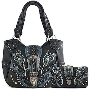 Zelris Floral Poppy Buckle Western Women Conceal Carry Tote Handbag Purse Set (Black)