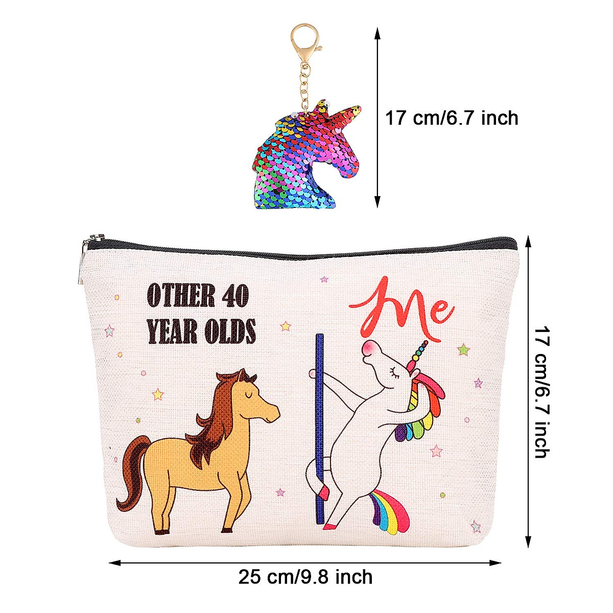 Hicarer Birthday Cosmetic Bag Birthday Makeup Bag and Unicorn Flip Sequin Keychain for Women, Mom, Wife, Friend, Sister, Her, Colleague, Coworker (40th Print)