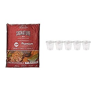 Traeger Grills Signature Blend 100% All-Natural Wood Pellets for Smokers and Pellet Grills, BBQ, Bake, Roast, and Grill, 20 lb. Bag & Grease Bucket Liner 5-Pack