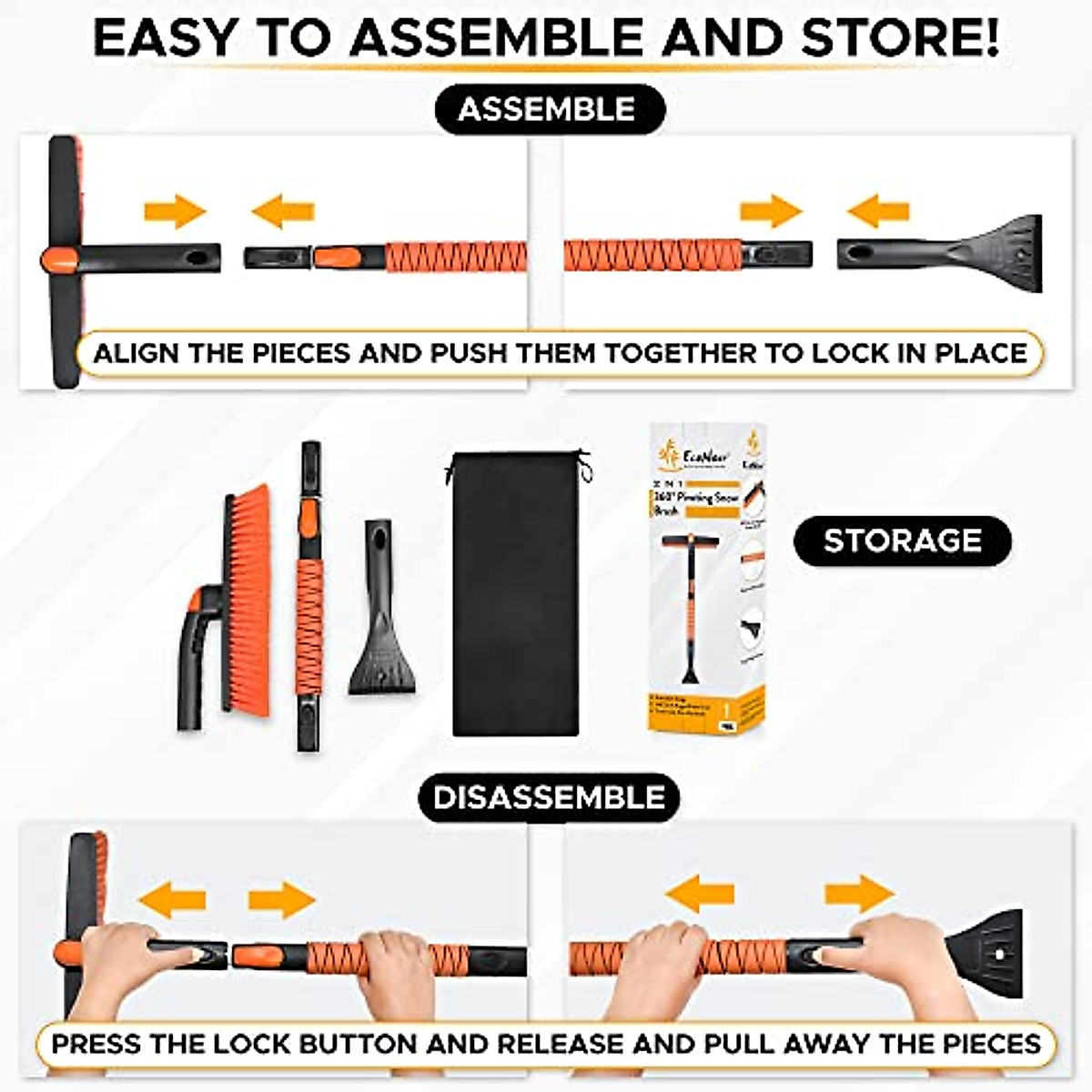 EcoNour 36″ 3 in 1 Extendable Snow Brush and Ice Scraper for Car Windshield | Telescoping 360° Snow Brush Pivoting Head | Window Ice Scraper for Snow Removal for Car, SUV, Truck Winter Car Accessories