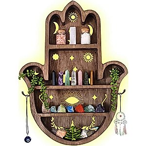 TAMIM CRAFTS Wooden Hamsa Shelf for Crystals- Large 20 Inch Crystal Display Shelf for Stones, Crystal Holder Shelf, Essential Oil Display, Hand Crystal Shelf for Room Decor, Hamsa Wall Décor