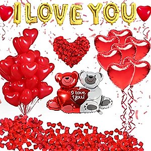 Golray 40 Pack I Love You Balloons and Heart Balloons Kit with 1000 Pcs Dark-Red Silk Rose Petals Wedding Flower Decoration Love-Bear Red Heart Balloons for Valentine Day Party Decorations
