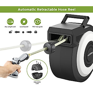 Tuyeho Retractable Garden Hose Reel 90 FT, Wall Mount Heavy Duty Water Hose Reels with Automatic Slow Rewind System, Outdoor Hoses Reel with 2 Hose Nozzles for Garden Watering, Car Wash, Pet Shower
