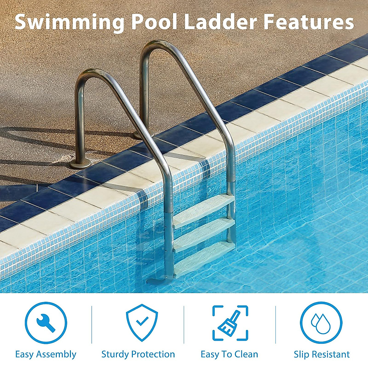 Pool Ladder, 3 Step In-Ground Swimming Pool Step, Stainless Steel Pool Ladder Step for Indoor/Outdoor Pool, Heavy Duty Non-Slip Inground Ladder, Easy Assembly