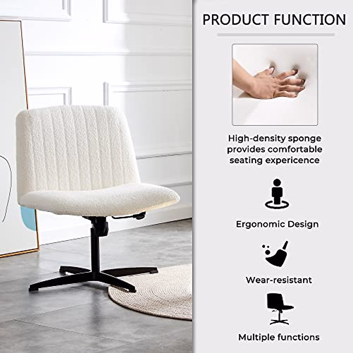 conforliving Armless Office Desk Chair No Wheels Vanity Chair Mid-Back Ergonomic Home Office Computer Chair Comfortable Adjustable Swivel Task Chair with Thickened Cushion（Velvet-Padded）