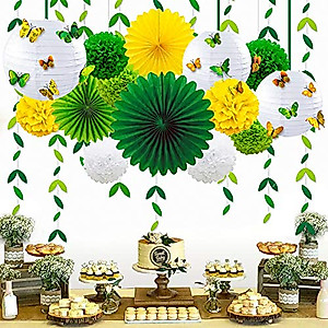 Yellow Green Party Decoration Kit Hanging Paper Fans Lanterns Flowers Pom Pom with 3D Butterfly Green Leaves Garland for Birthday Wedding Engagement Baby Shower Spring Summer Garden Tea Party Decor