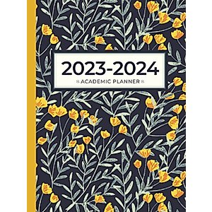 Academic Planner 2023-2024 Large | Yellow Botanical Navy Garden: July - June | Weekly & Monthly | US Federal Holidays and Moon Phases