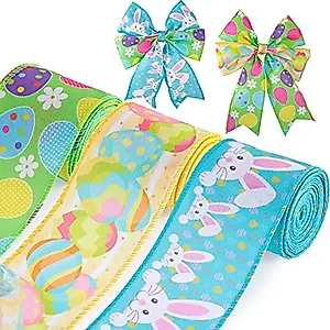 Easter Wired Edge Ribbon 3 Rolls 15 Yards Easter Ribbons Easter Egg Bunny Printed Ribbons Wrapping Fabric Spring Colorful Craft Ribbons for Easter Party Holiday DIY Decor Supplies, 2.5 Inches