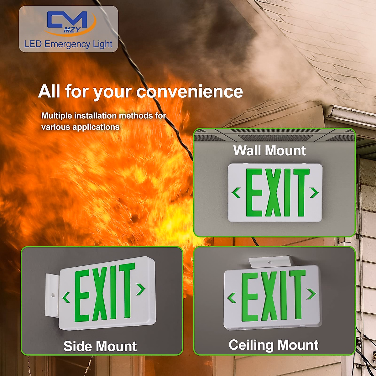 CM MZY Exit Sign with Emergency Lights LED Exit Sign Light with Battery Backup,Green Letter Commercial Emergency Exit Sign Lights,AC 120-277V, UL Certified,1PCS