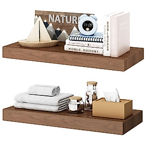 TABETO Wide Solid Wooden Wall Shelves for Wall,Floating Shelves for Bedroom,Kitchen Farmhouse,Hanging Book Shelf, for Wall Home Decor Living Room,16 Inch,Walnut 2 Pack