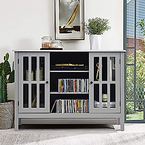 Tangkula TV Stand, Modern Tall Entertainment Center for TVs up to 50", Media Console w/2 Storage Cabinets & 3 Open Shelves, Wire Hole, Wood TV Console Table for Living Room, Grey